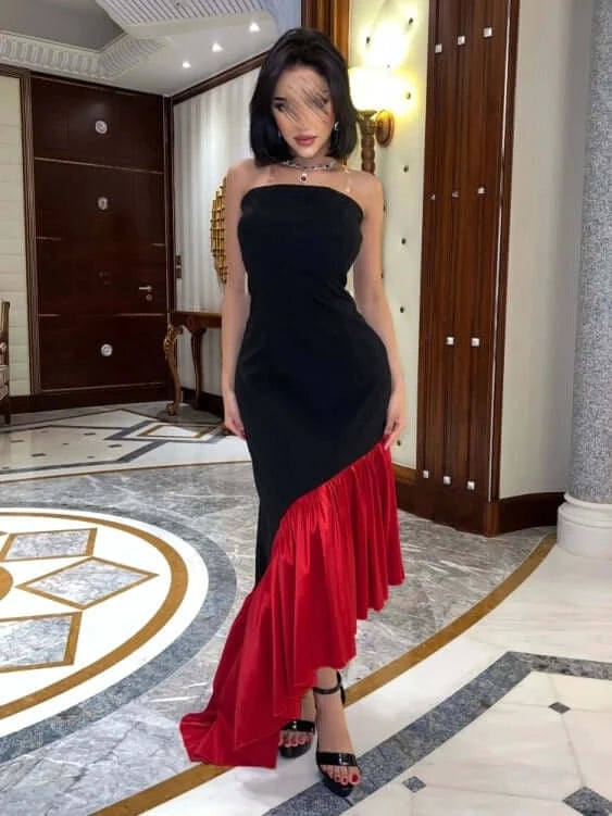 فستان نسائي بقصة مائلة أسود وأحمر متوفر بجميع المقاسات